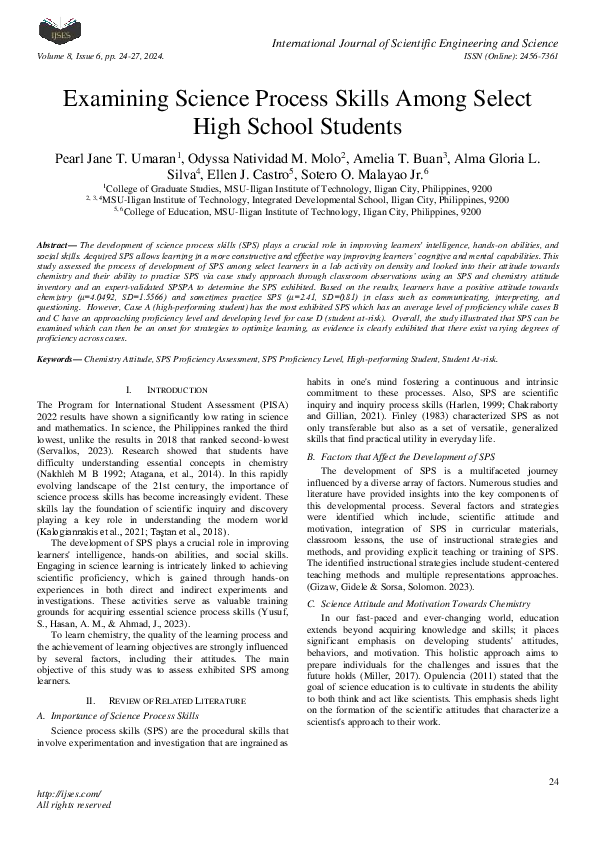 (PDF) Examining Science Process Skills Among Select High School Students