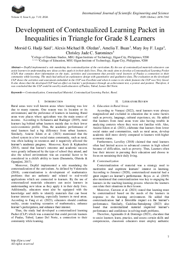 (PDF) Development of Contextualized Learning Packet in Inequalities in Triangle for Grade 8 ...