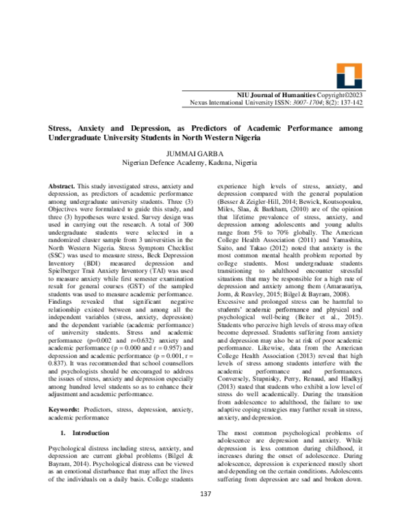 (PDF) Stress, Anxiety and Depression, as Predictors of Academic ...