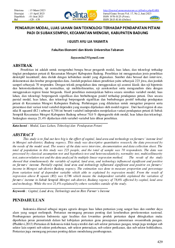 (PDF) Pengaruh Modal, Luas Lahan Dan Teknologi Terhadap Pendapatan ...