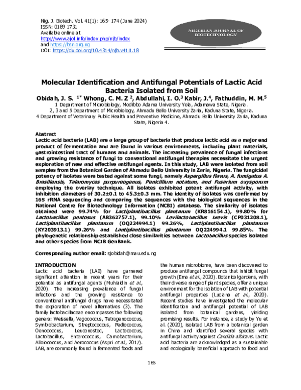 (PDF) Molecular identification and antifungal potentials of lactic acid bacteria isolated from soil