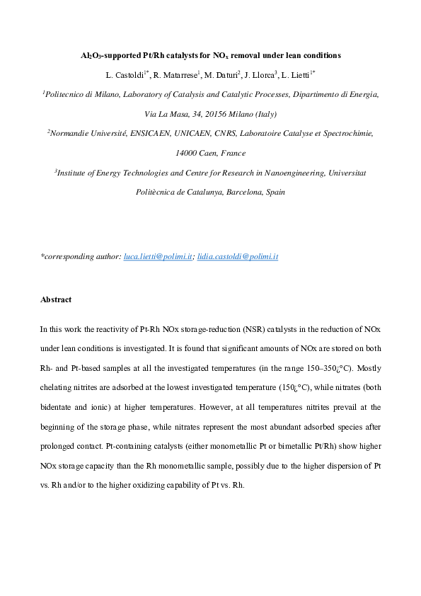 (PDF) Al2O3-supported Pt/Rh catalysts for NOx removal under lean conditions