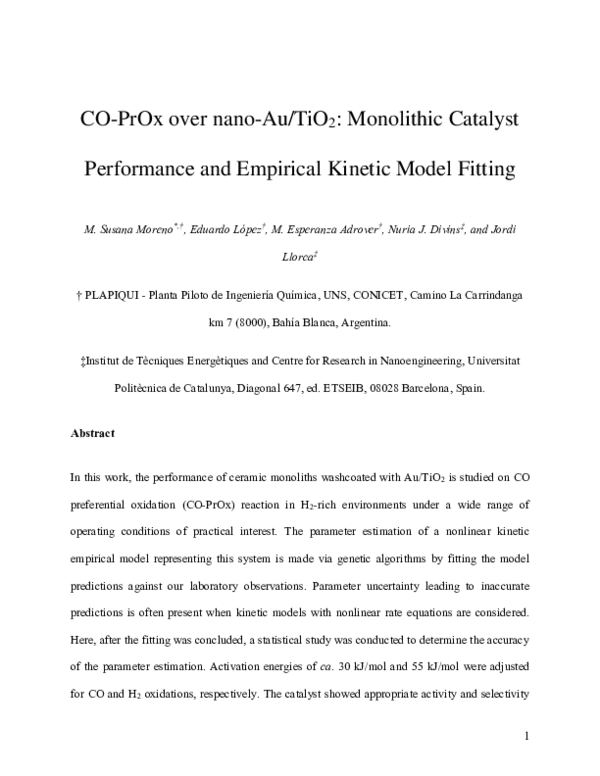 (PDF) CO-PrOx over nano-Au/TiO2: Monolithic catalyst performance and ...