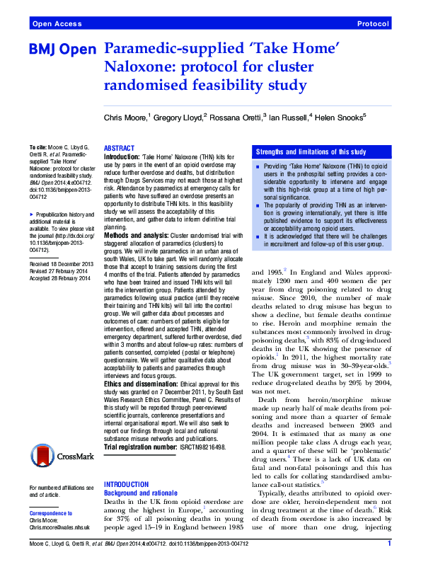 (PDF) Paramedic-supplied ‘Take Home’ Naloxone: protocol for cluster randomised feasibility study