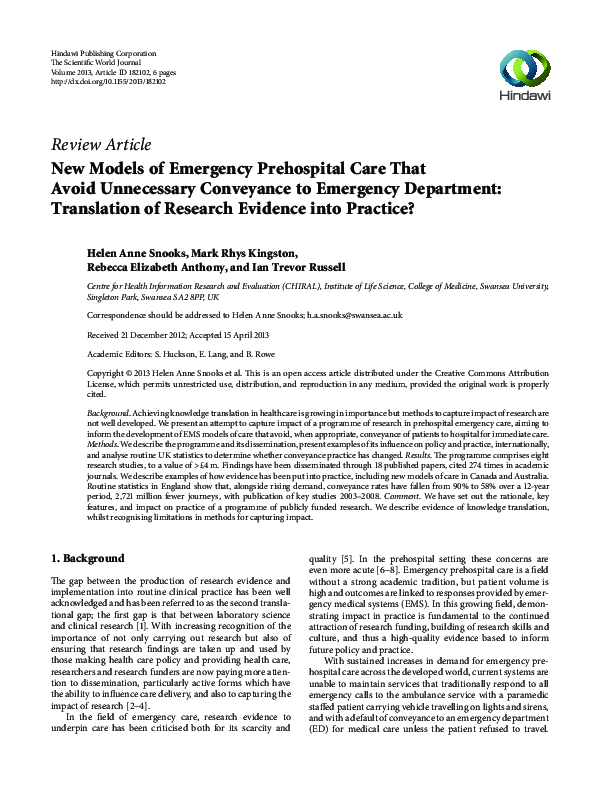 (PDF) New Models of Emergency Prehospital Care That Avoid Unnecessary ...
