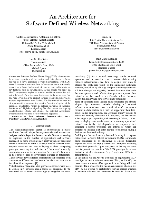 (PDF) An architecture for software defined wireless networking | Luis Contreras - Academia.edu