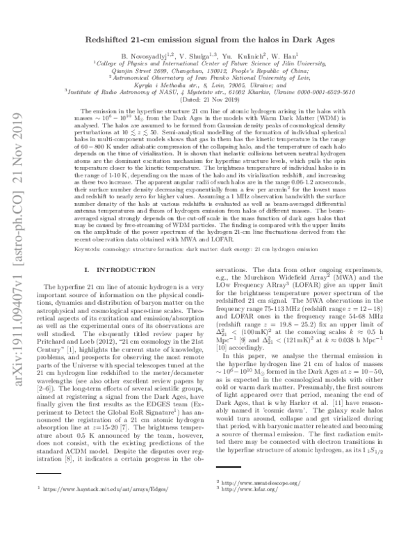 (PDF) Redshifted 21-cm emission signal from the halos in Dark Ages ...