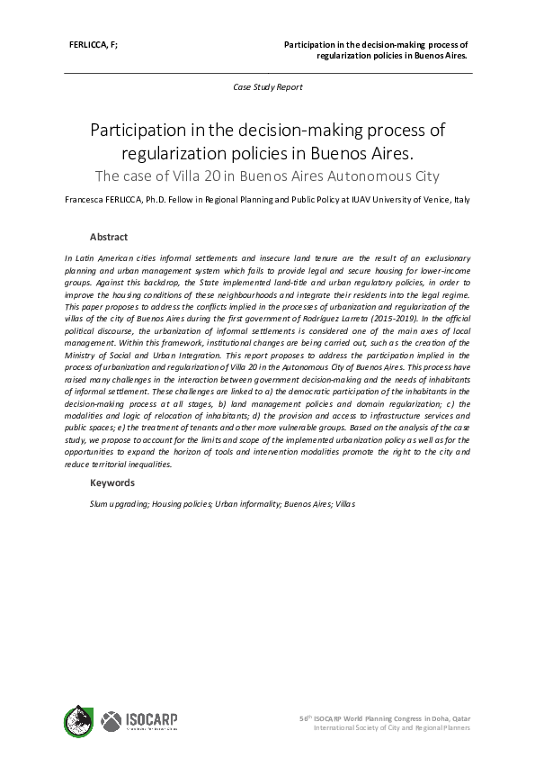 (PDF) Participation in the decision making-making cities proces of regularization policies in ...