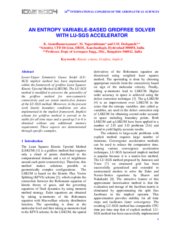 (PDF) An Entropy Variable-Based Gridfree Solver with Lu-SGS Accelerator