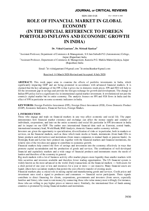 (PDF) ROLE OF FINANCIAL MARKET IN GLOBAL ECONOMY (IN THE SPECIAL ...