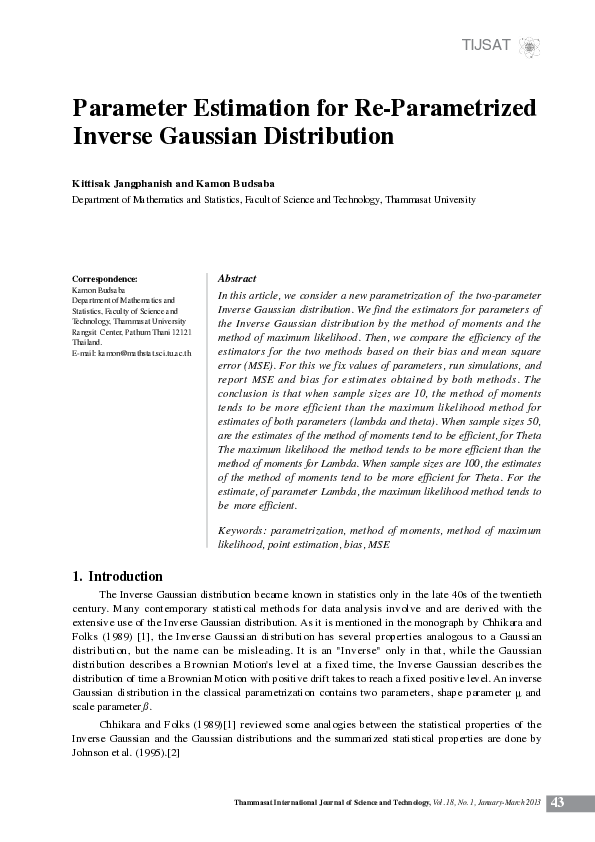 (PDF) Parameter Estimation for Re-Parametrized Inverse Gaussian ...