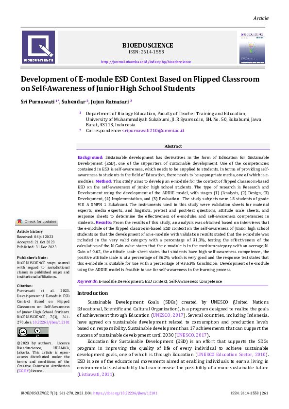 (PDF) Development of E-module ESD Context Based on Flipped Classroom on Self-Awareness of Junior ...