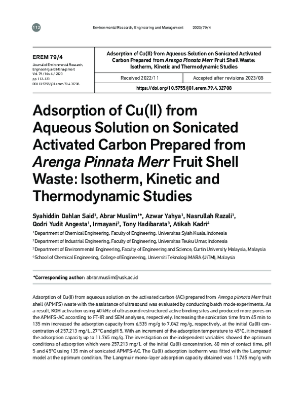 (PDF) Adsorption of Cu(II) from Aqueous Solution on Sonicated Activated Carbon Prepared from ...