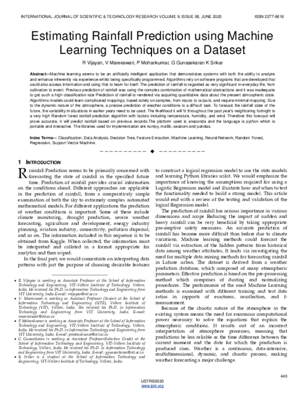 (PDF) Estimating Rainfall Prediction using Machine Learning Techniques on a Dataset