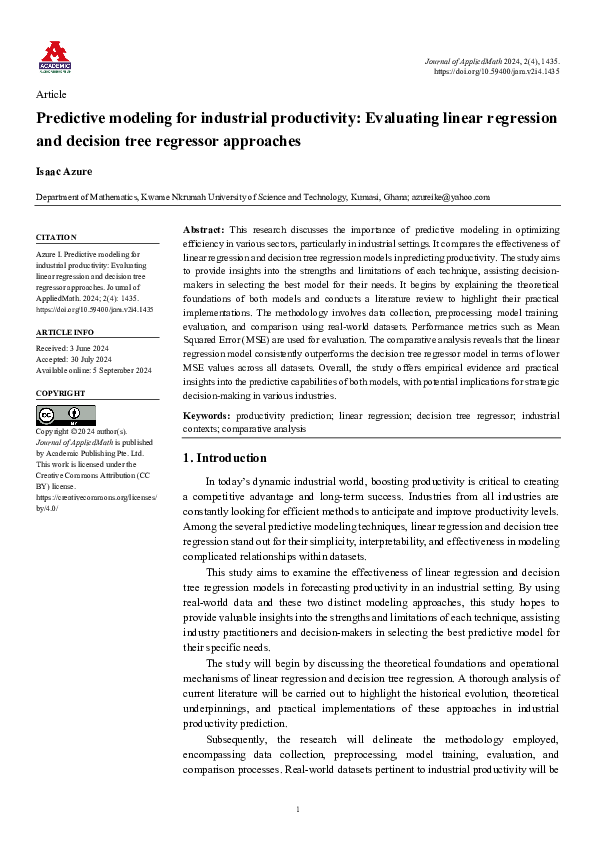 (PDF) Predictive modeling for industrial productivity: Evaluating linear regression and decision ...
