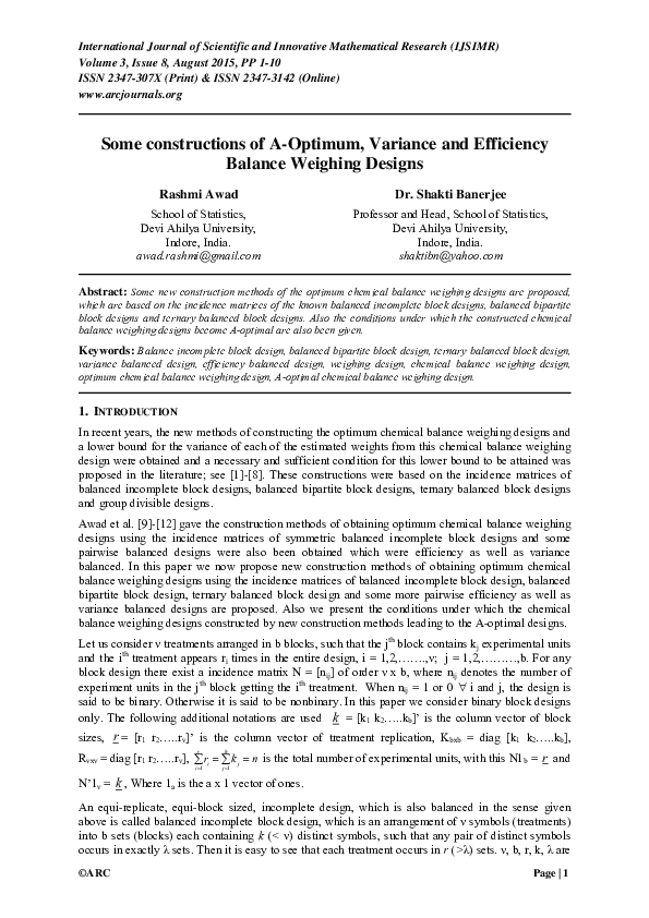 (PDF) Some constructions of A-Optimum , Variance and Efficiency Balance ...