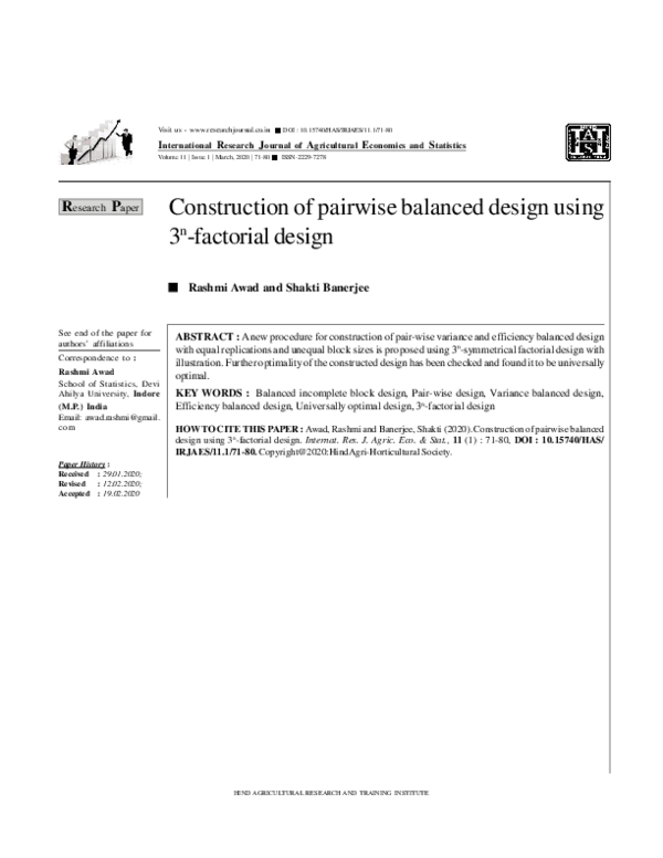 (PDF) Construction of pairwise balanced design using 3n-factorial design