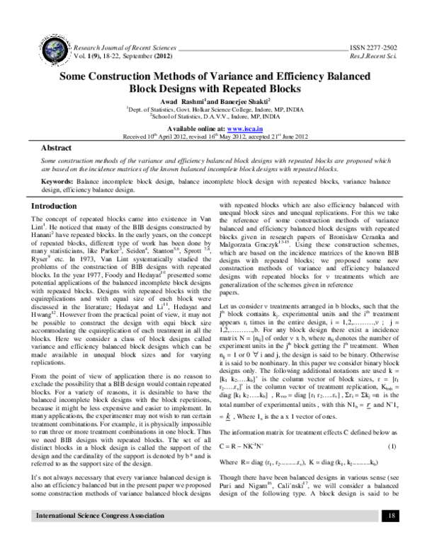 (PDF) Some Construction Methods of Variance and Efficiency Balanced ...