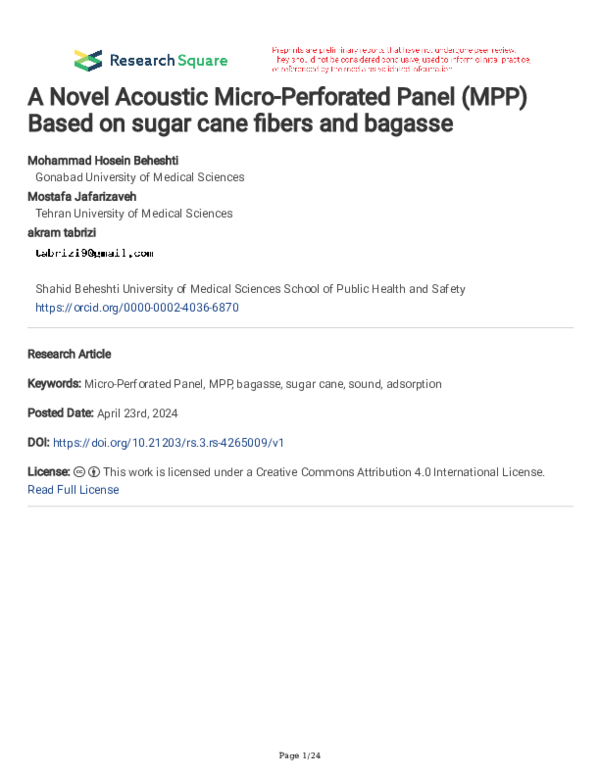 (PDF) A Novel Acoustic Micro-Perforated Panel (MPP) Based on sugar cane ...