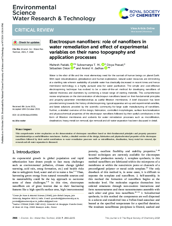 (PDF) Electrospun nanofibers: role of nanofibers in water remediation ...