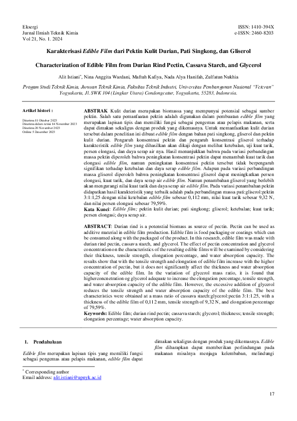 (PDF) Karakterisasi Edible Film dari Pektin Kulit Durian, Pati Singkong, dan Gliserol