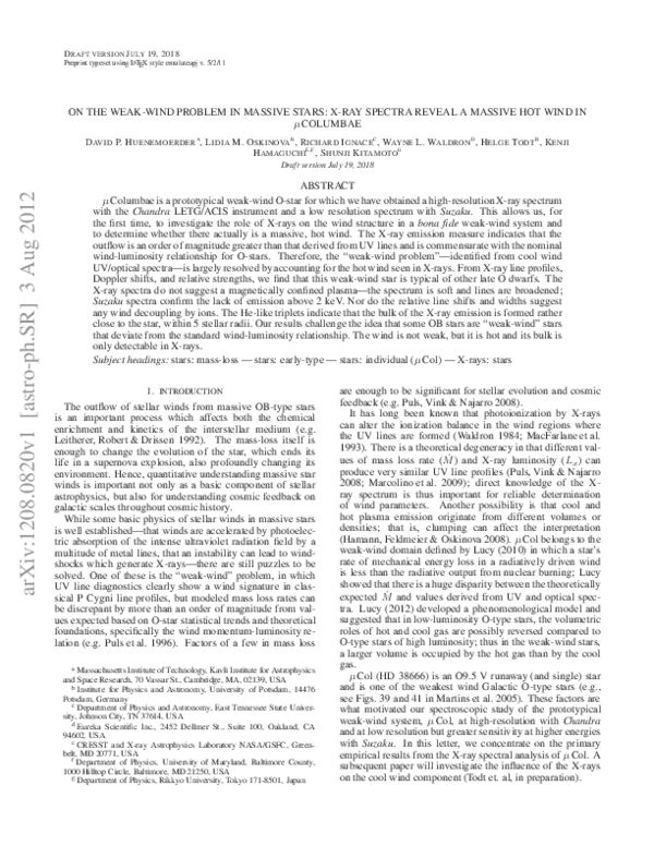 (PDF) On the Weak-Wind Problem in Massive Stars: X-Ray Spectra Reveal a ...