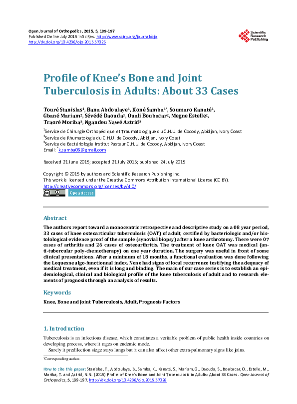 (PDF) Profile of Knee’s Bone and Joint Tuberculosis in Adults: About 33 ...