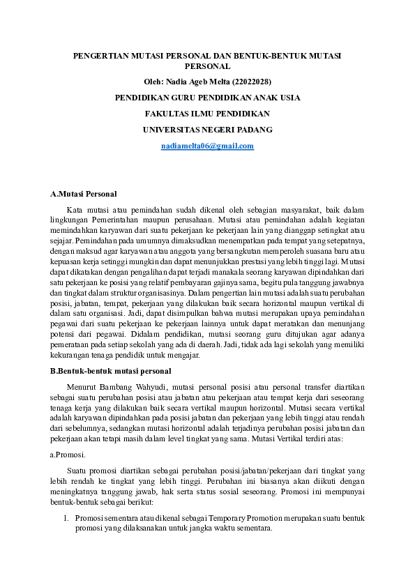 (PDF) Pengertian mutasi personal dan bentuk-bentuk mutasi personal