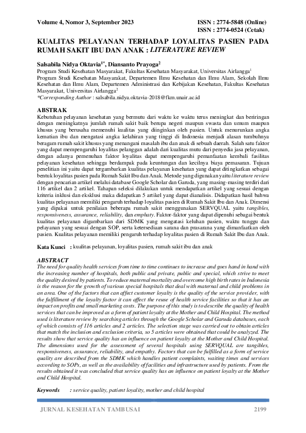 (PDF) Kualitas Pelayanan Terhadap Loyalitas Pasien Pada Rumah Sakit Ibu Dan Anak : Literature Review