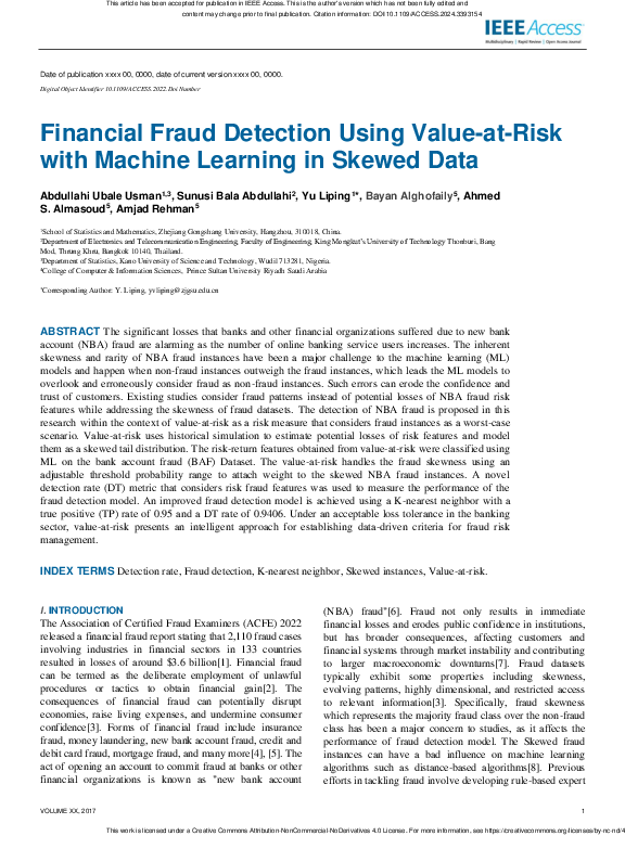 (PDF) Financial Fraud Detection Using Value-at-Risk with Machine Learning in Skewed Data