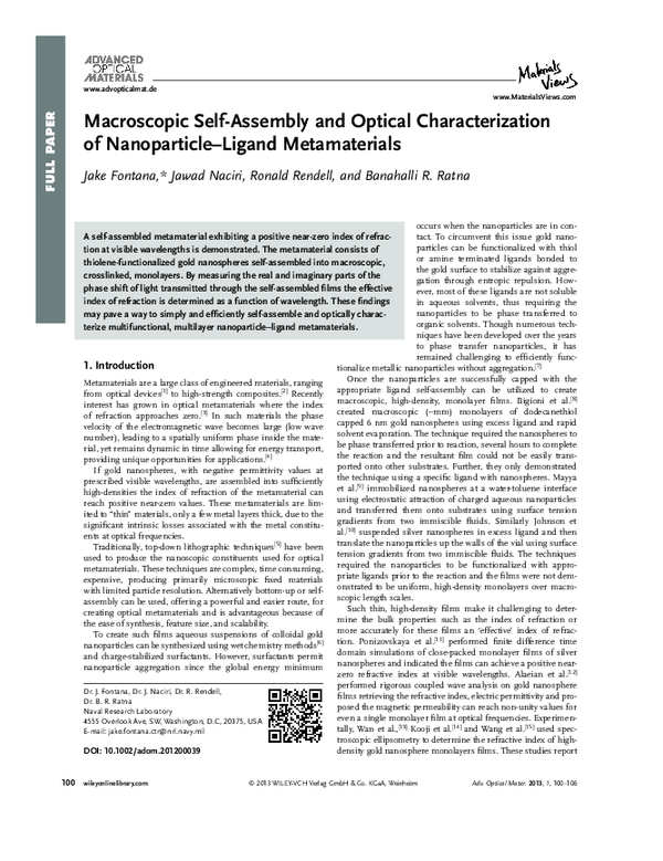 (PDF) Macroscopic Self-Assembly and Optical Characterization of Nanoparticle-Ligand ...