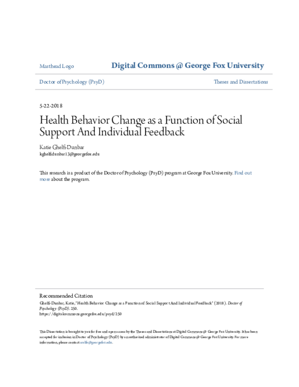 (PDF) Health Behavior Change as a Function of Social Support And ...