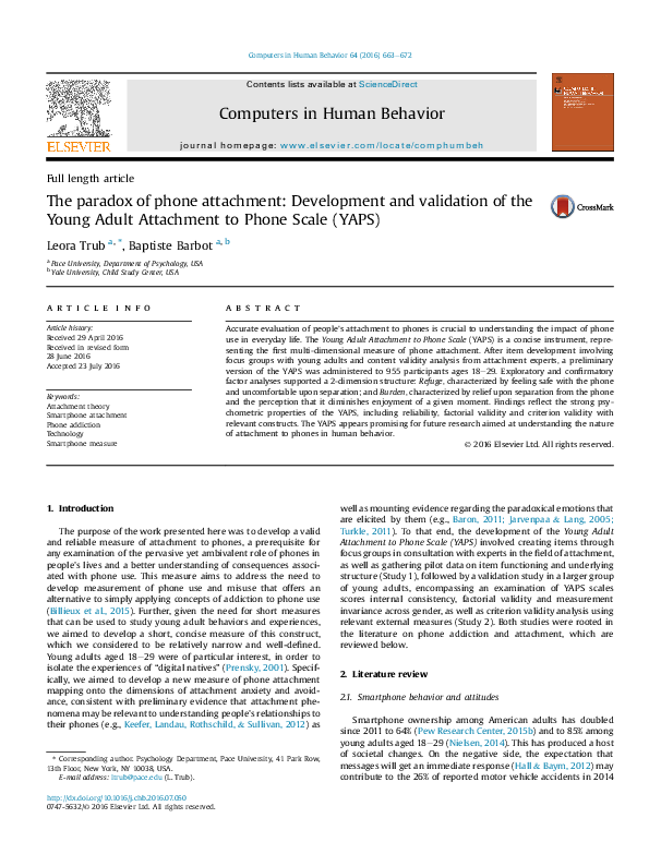 (PDF) The paradox of phone attachment: Development and validation of the Young Adult Attachment ...