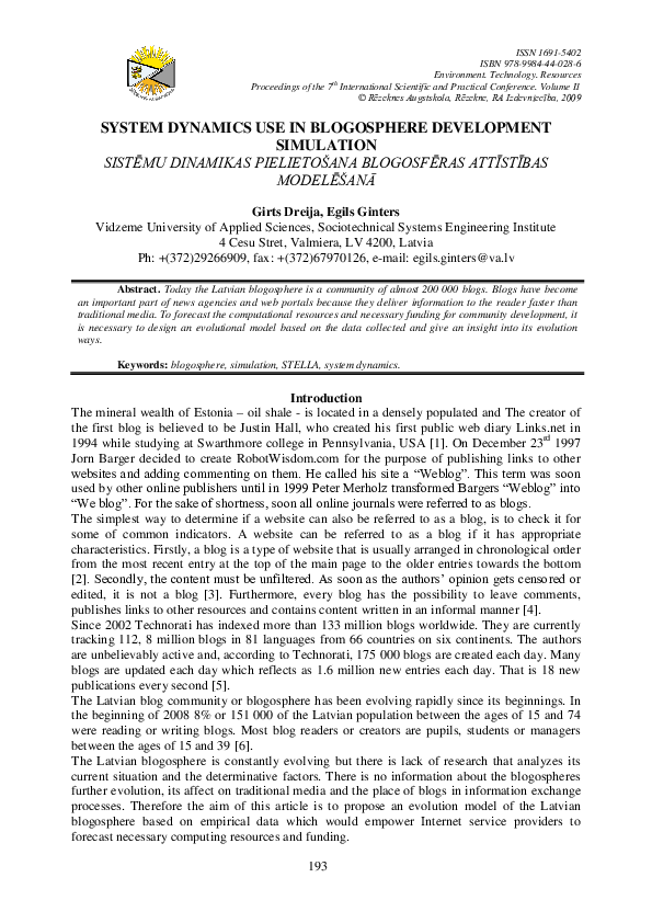 (PDF) System Dynamics Use in Blogosphere Development Simulation