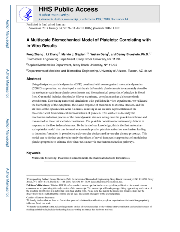 (PDF) A multiscale biomechanical model of platelets: Correlating with in-vitro results