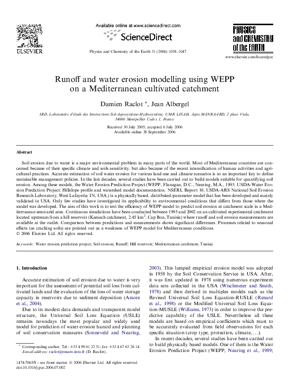Pdf Runoff And Water Erosion Modelling Using Wepp On A Mediterranean Cultivated Catchment