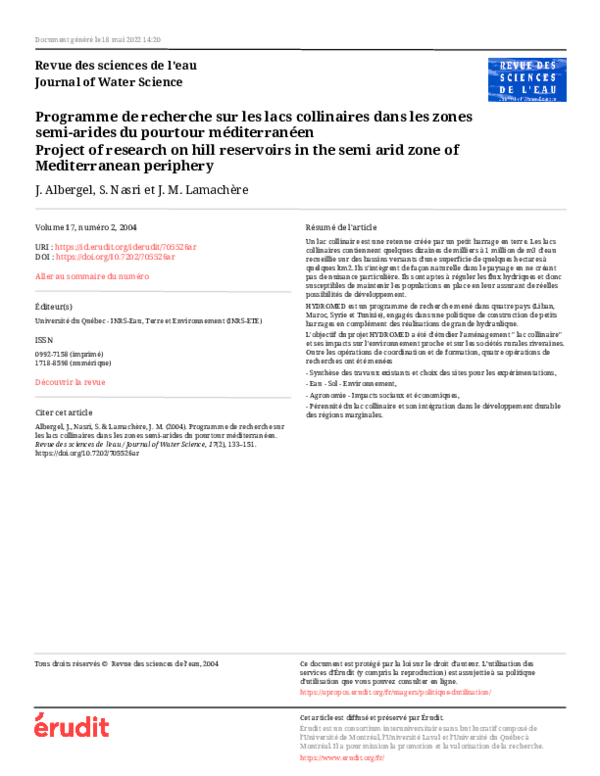 (PDF) Programme de recherche sur les lacs collinaires dans les zones ...