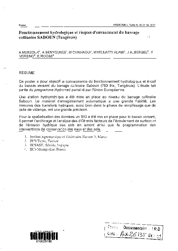 (PDF) Fonctionnement hydrologique et risques d'envasement du barrage ...