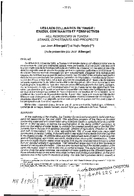 (PDF) Les Lacs Collinaires en Tunisie : Enjeux, Contraintes et Perspectives