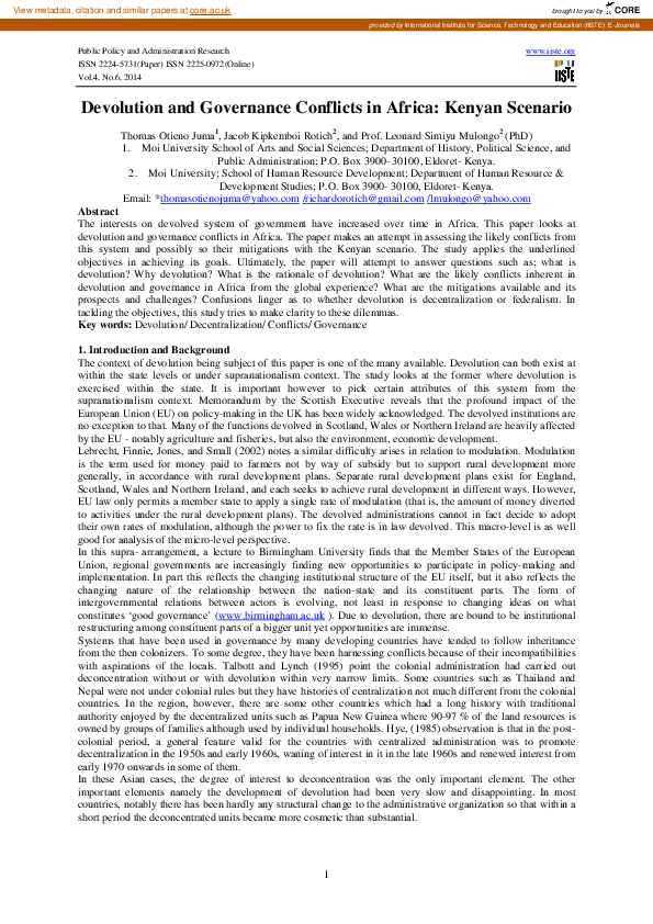 (PDF) Devolution and Governance Conflicts in Africa: Kenyan Scenario