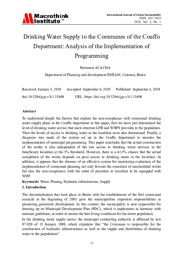 (PDF) Drinking Water Supply to the Communes of the Couffo Department: Analysis of the ...