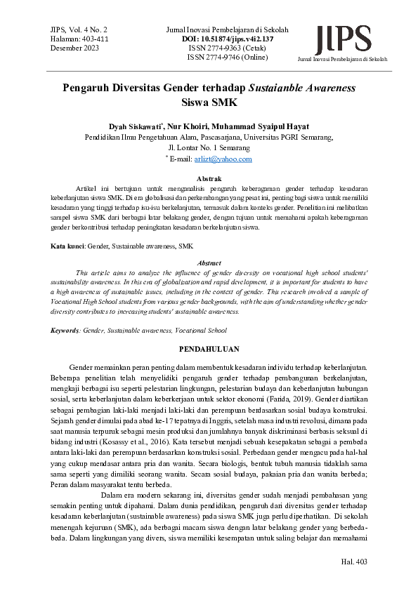 (PDF) Pengaruh Diversitas Gender Terhadap Sustaianble Awareness Siswa SMK | Dyah Siskawati ...