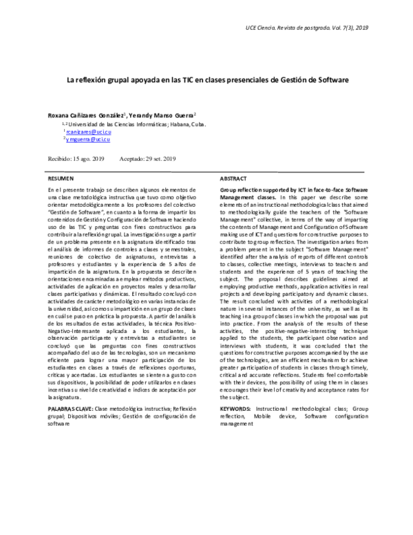 (PDF) La reflexión grupal apoyada en las TIC en clases presenciales de Gestión de Software