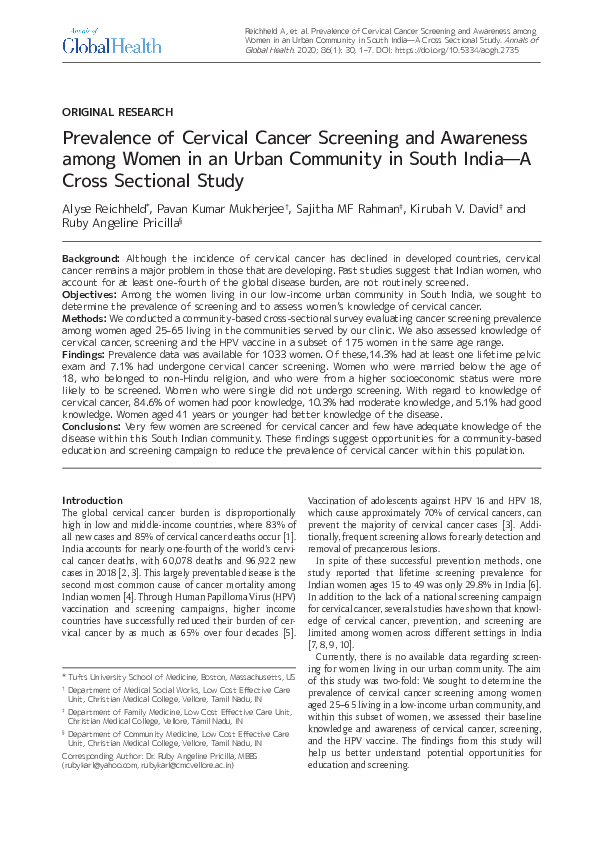 (PDF) Prevalence of Cervical Cancer Screening and Awareness among Women ...