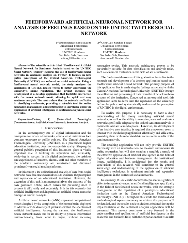 (PDF) Feedforward Artificial Neuronal Network for Analysis of Feelings Based on the Unitec ...