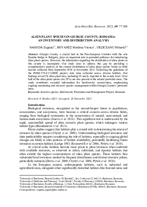 (PDF) Alien Plant Species in Giurgiu County, Romania: An Inventory and Distribution Analysis