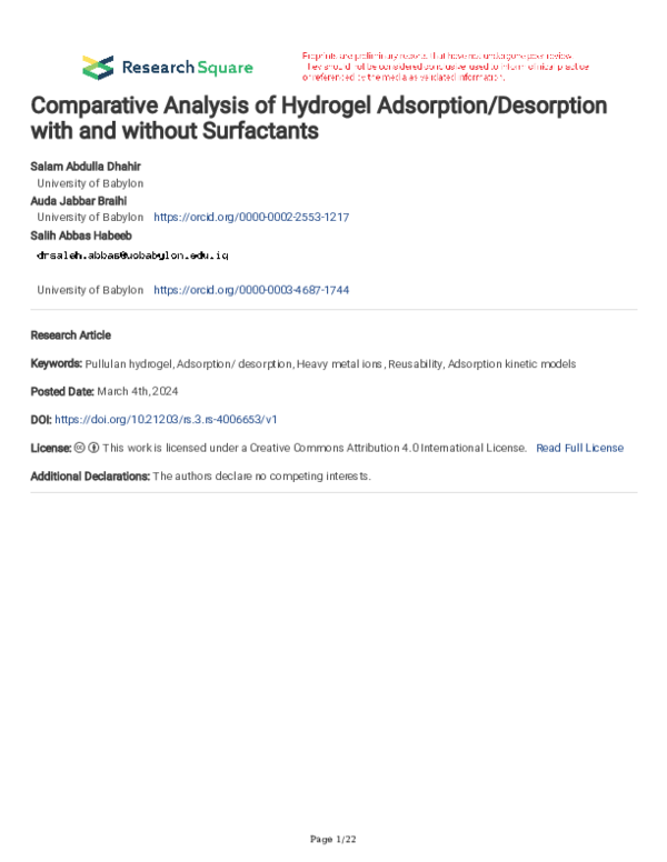 (PDF) Comparative Analysis of Hydrogel Adsorption/Desorption with and without Surfactants