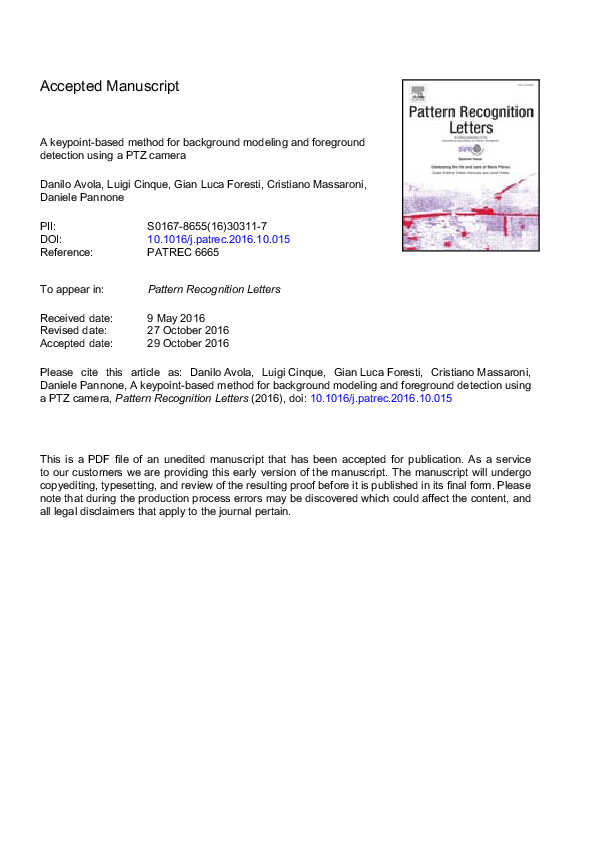Pdf A Keypoint Based Method For Background Modeling And Foreground Detection Using A Ptz Camera