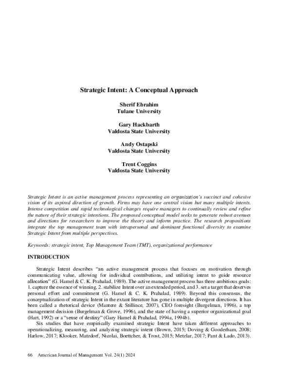 (PDF) Strategic Intent: A Conceptual Approach