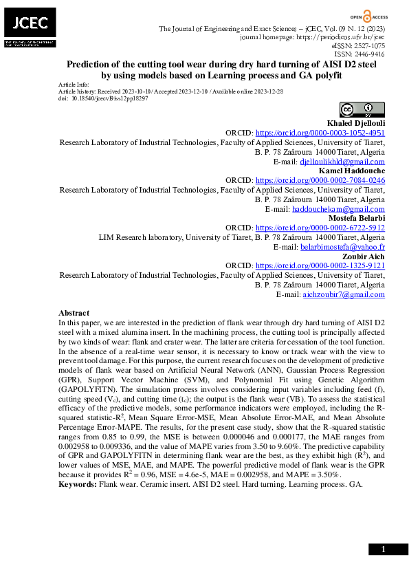 (PDF) Prediction of the cutting tool wear during dry hard turning of AISI D2 steel by using ...